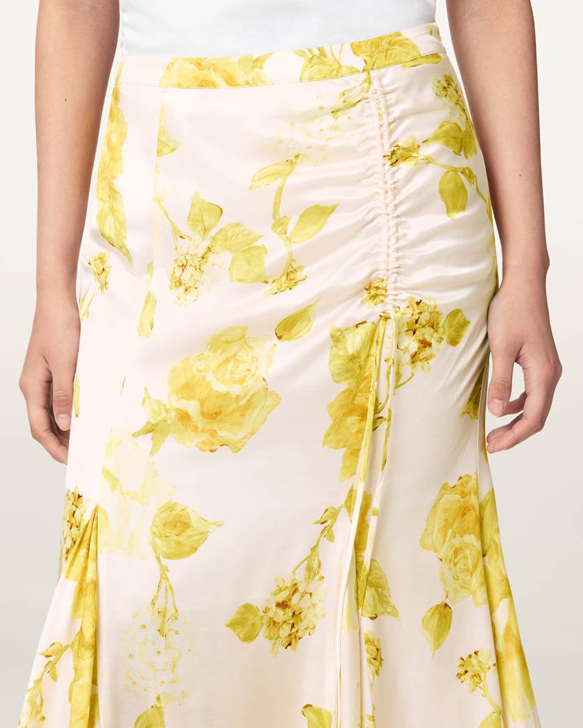 Kathy Satin Floral Midi Skirt FLEURZ YELLOW | ALLSAINTS